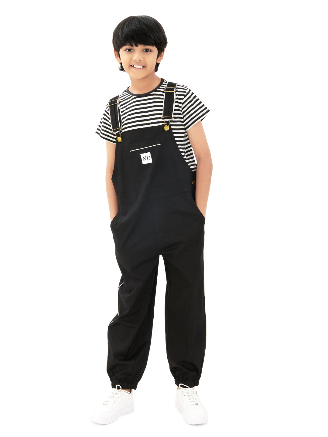 Naughty Dungaree® Full Length White Piping Black Cotton Dungaree - Boy ...