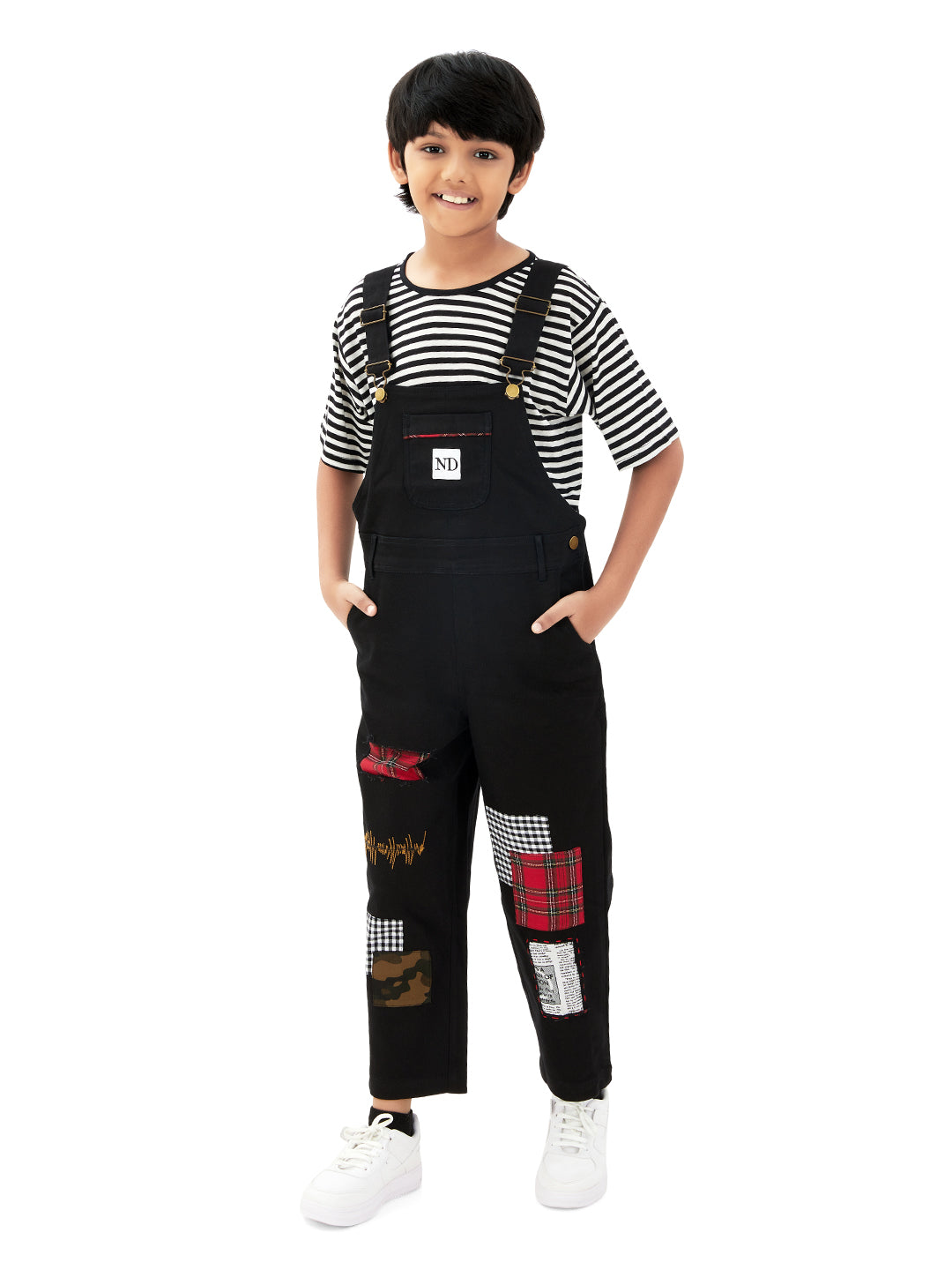 Naughty Dungaree® Full Length BTS Black Patch Work Cotton Dungaree - B ...