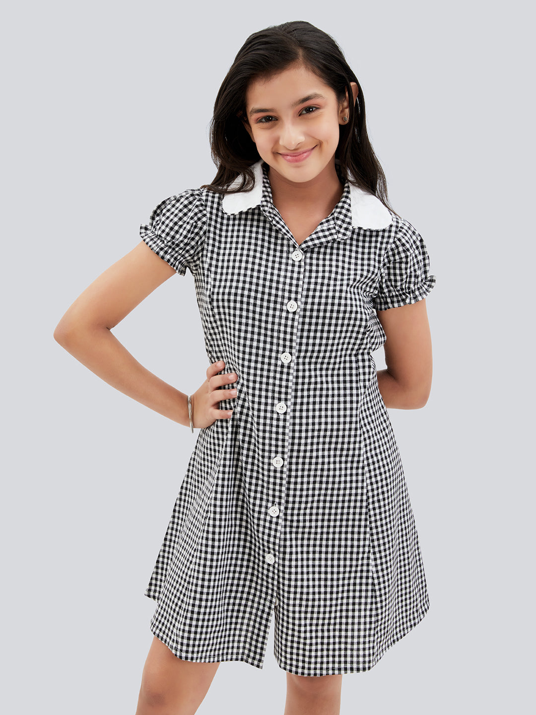 Olele® Bombay Dress with Peter Pan Collar - Black and White Gingham Ch